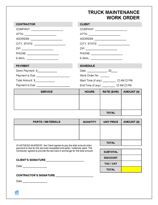 Truck (Heavy) Maintenance Work Order Template | Invoice Maker